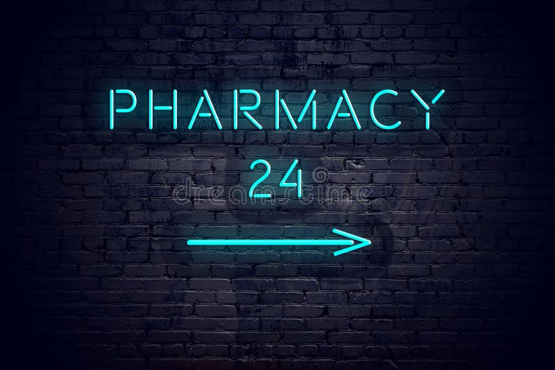 Brick Wall with Neon Arrow and Sign Pharmacy 24. Stock Illustration ...