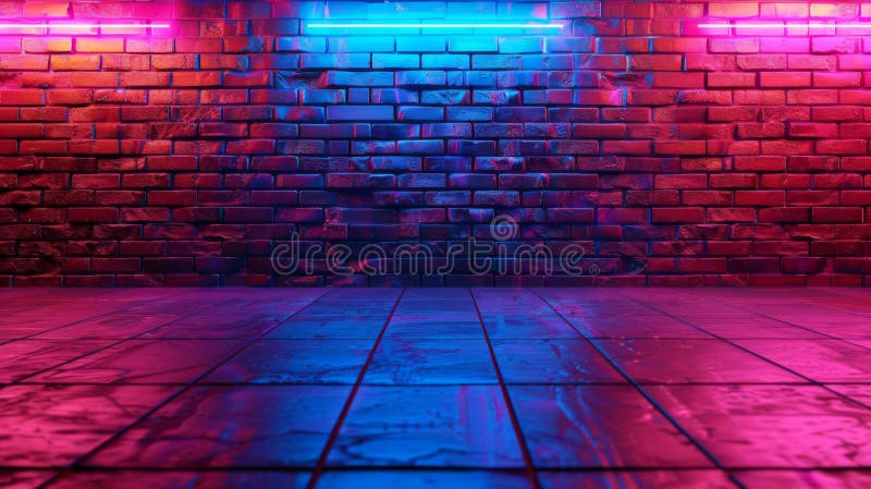 Brick Wall with Neon Lights and Tile Floor Stock Photo - Image of neon ...