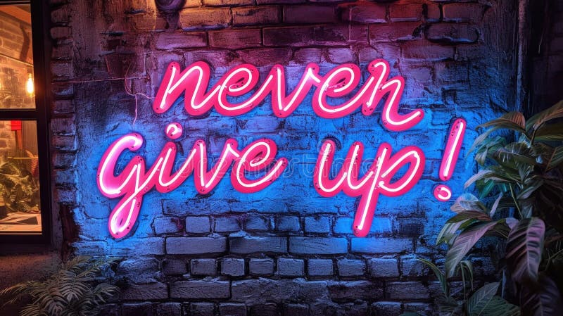 A Brick Wall with a Neon Sign that Says Never Give Up Stock Image ...