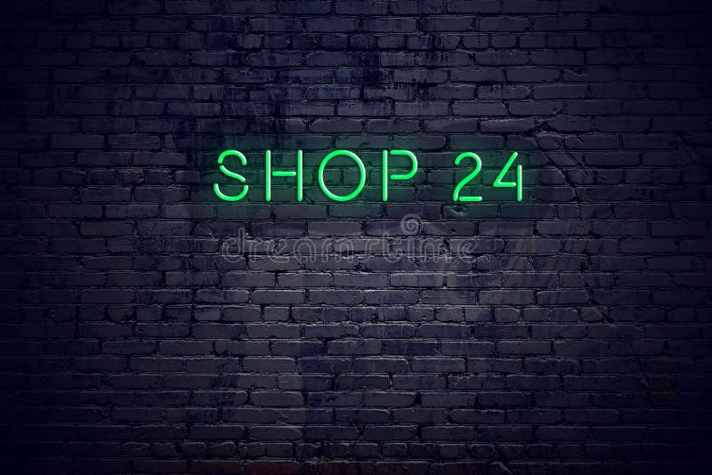 Brick Wall at Night with Neon Sign Shop 24 Stock Illustration ...