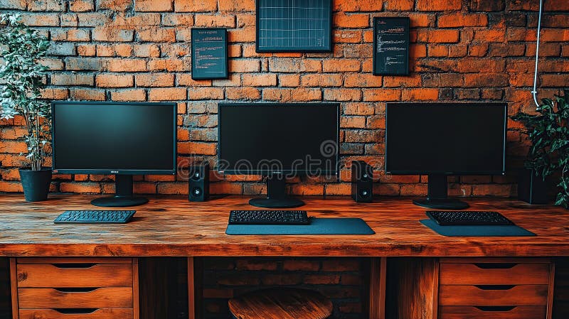 Brick-wall Office, Three Computers, Coding, Teamwork Stock Illustration ...