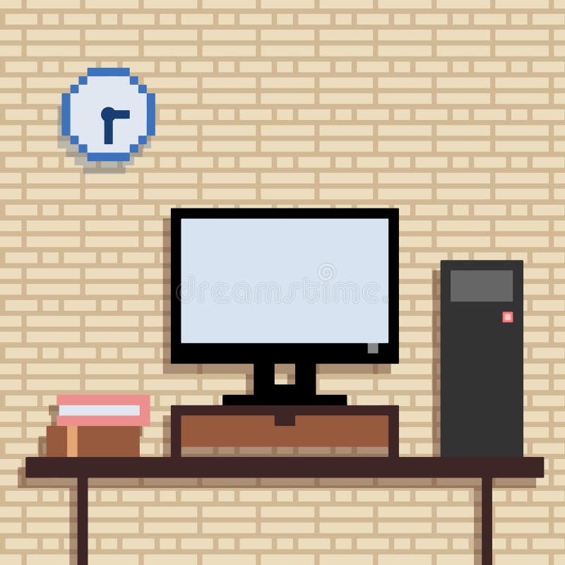 Brick Wall Office Workspace. Computer on Desk Stock Vector ...