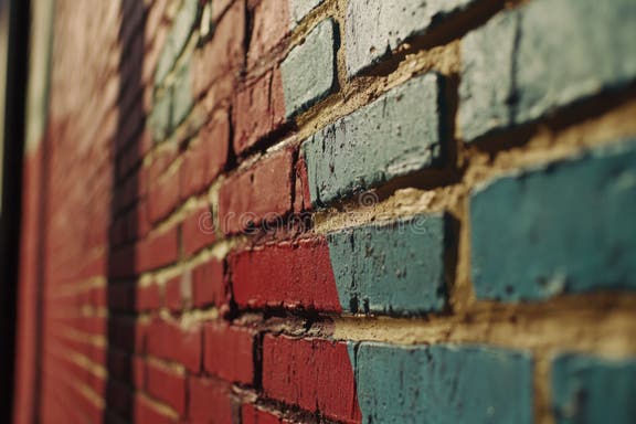 A Brick Wall with Painted Red and Blue Stripes Stock Photo - Image of ...