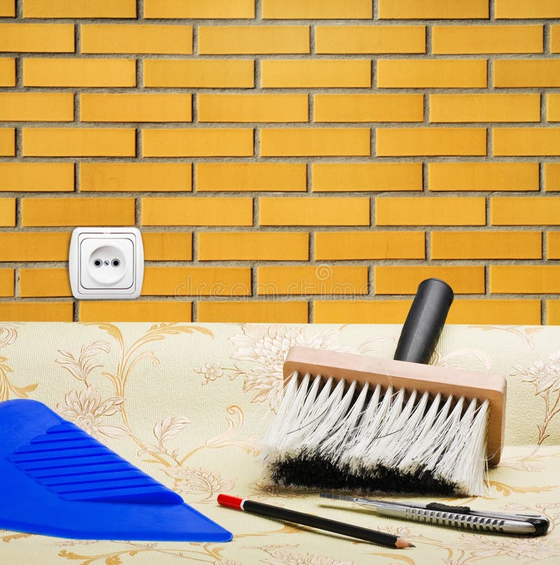 Brick Wall Paper Wallpaper and Tools for Repair Stock Image - Image of ...