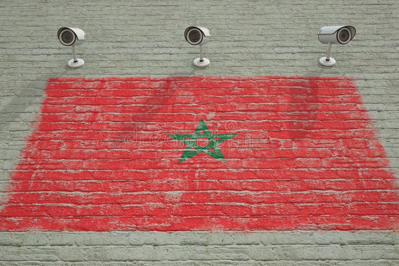 Brick Wall with Printed National Flag of Morocco and CCTV Cameras ...