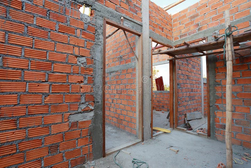 Brick Wall in Residential Building Construction Stock Photo - Image of ...