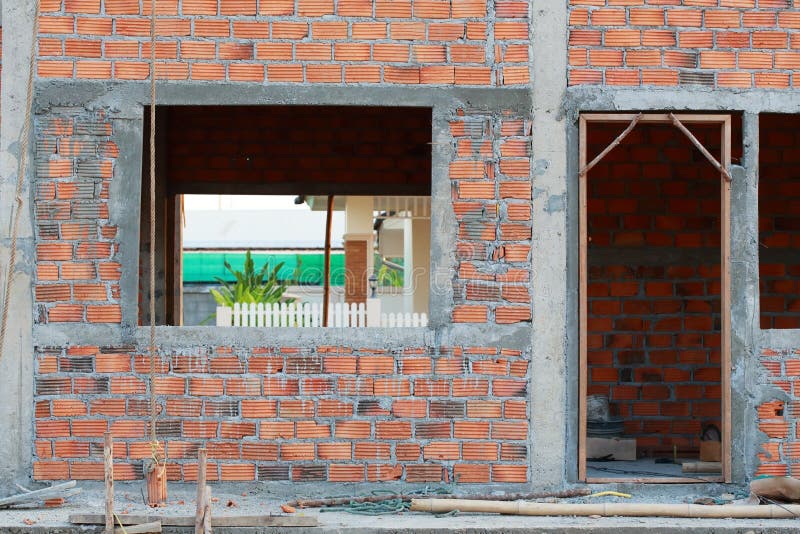 Brick Wall in Residential Building Construction Stock Image - Image of ...