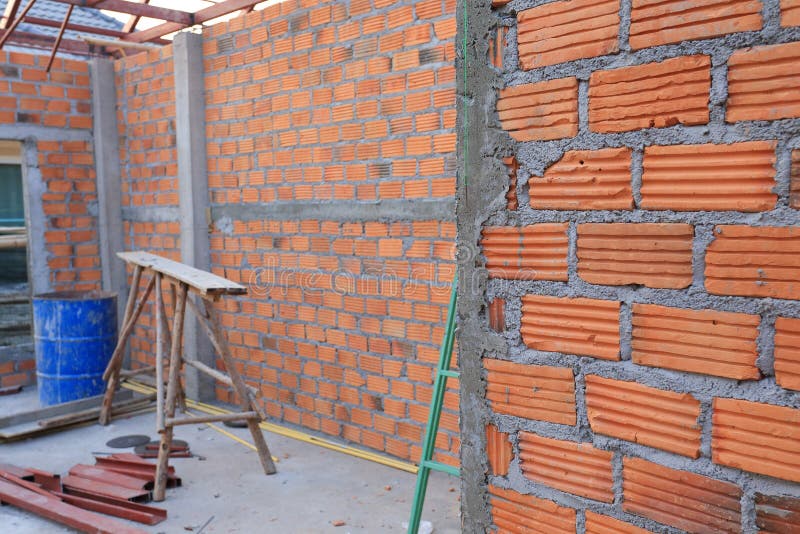 Brick Wall in Residential Building Construction Stock Image - Image of ...