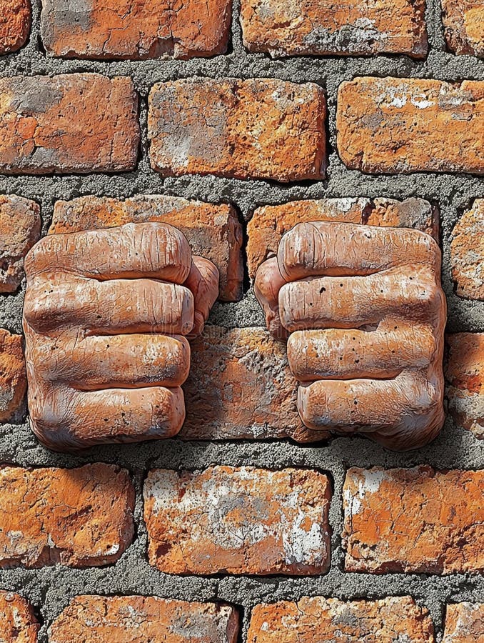 Brick Wall with Sculpted Hands Emerging from Surface Stock Illustration ...