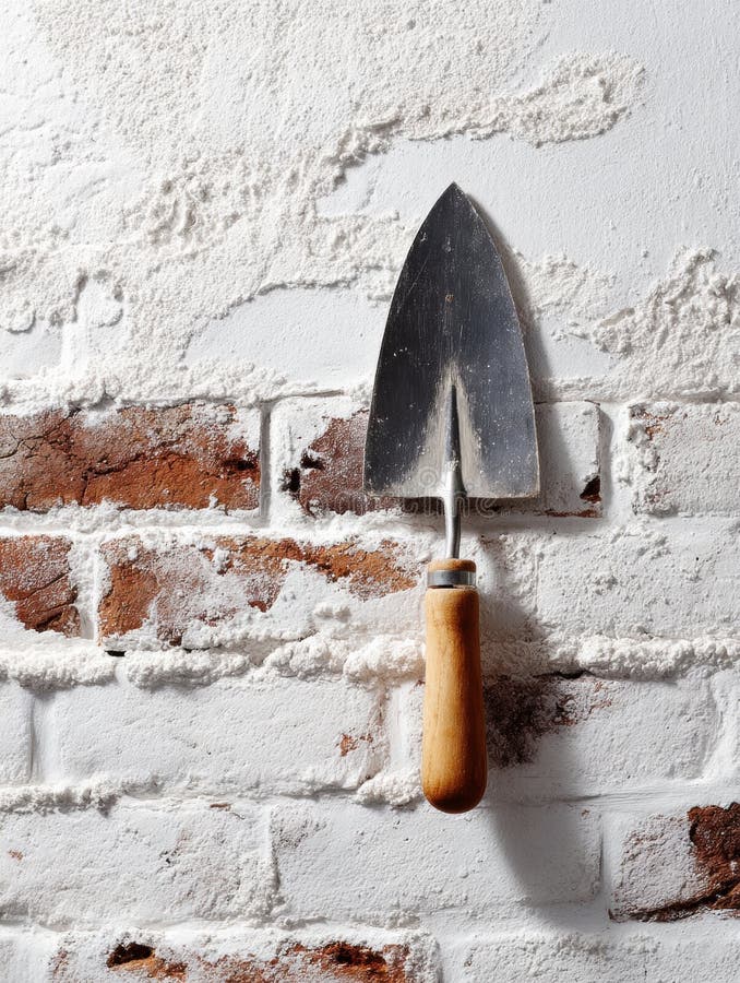 Brick Wall and Trowel Flatlay Setting Showcasing Masonry Work Tools in a Clean Workspace for ...