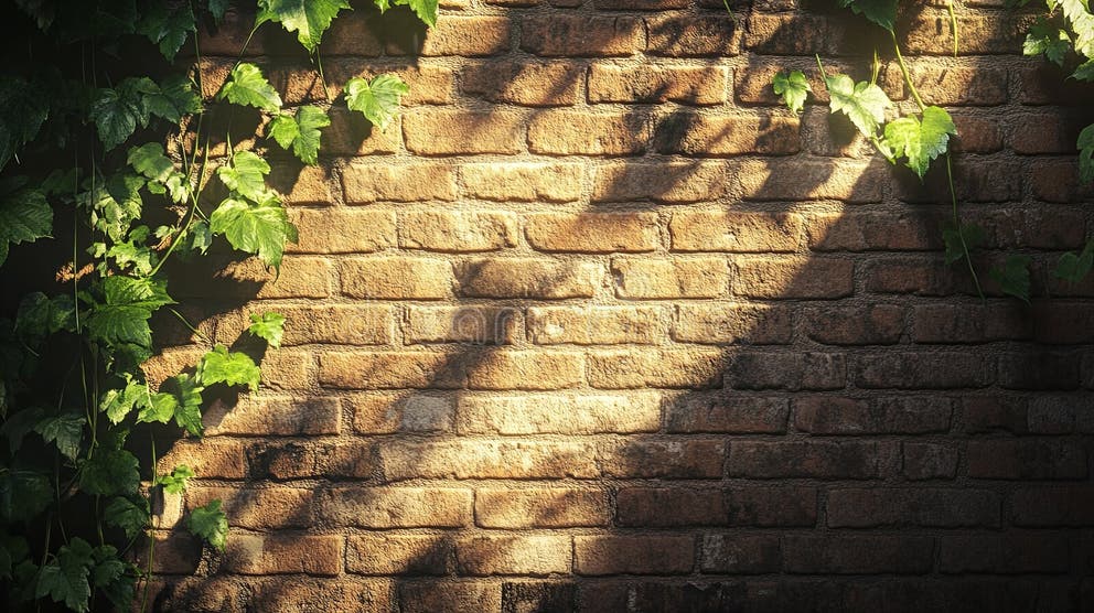 Brick Wall with Vine Leaves and Shadow. Stock Image - Image of plant ...