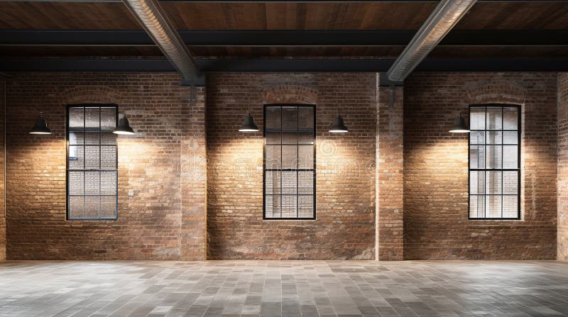 Brick Wall Warehouse Interior with Industrial Lighting Stock ...