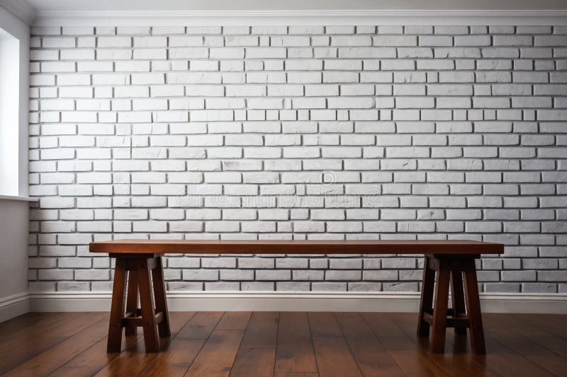 Brick Wall White Color and Wooden Plank Floor and Bench for Background ...