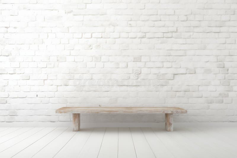 Brick Wall White Color and Wooden Plank Floor and Bench for Background ...