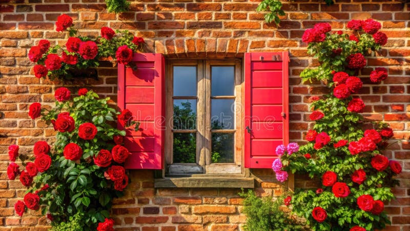 Brick Wall Window with Climbing Red Roses and Red Shutters. Generative ...