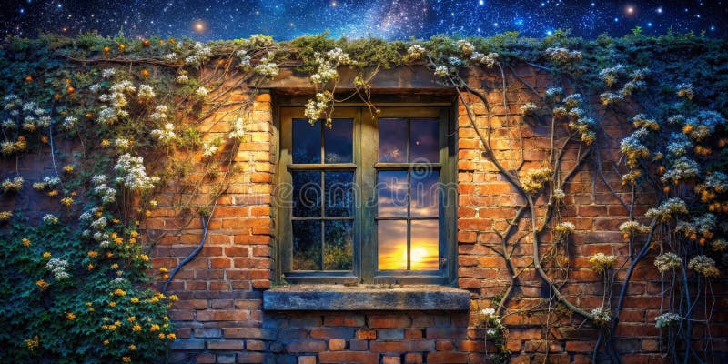 Brick Wall Window Sunset Night Sky Vines Flowers. Generative AI Stock ...