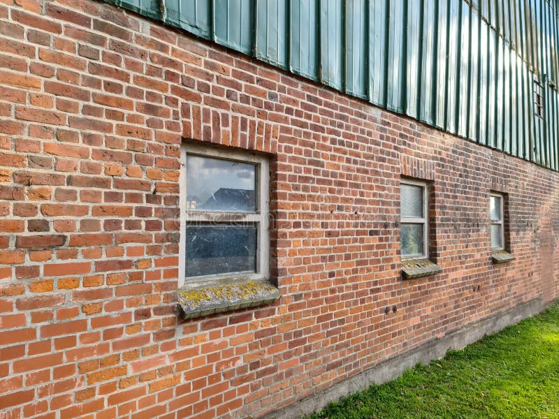 Brick Wall with Windows of a Barn on a Farm Stock Image - Image of ...