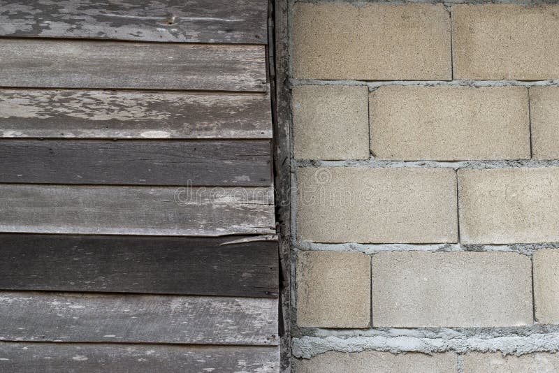 Brick Wall and Wooden Wall Divided in Half for Background Stock Image ...