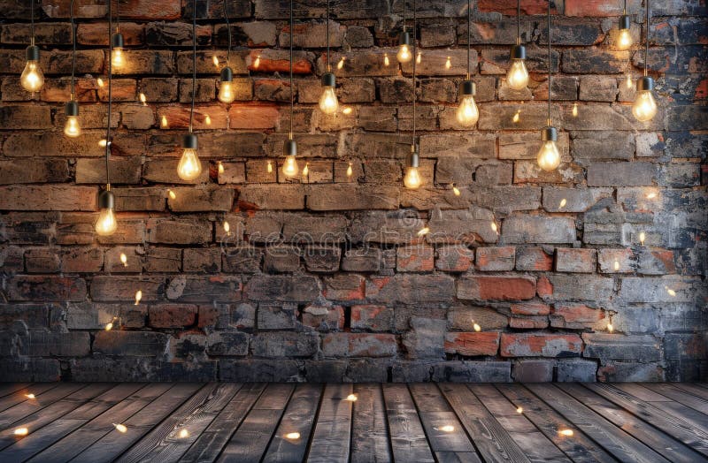Warm String Lights Illuminate Rustic Brick Wall and Wooden Floor Stock ...