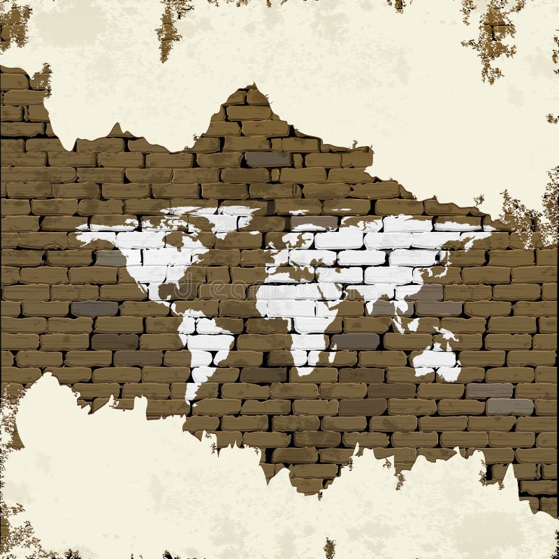 Brick Wall with World Map and Plaster Stock Vector - Illustration of ...