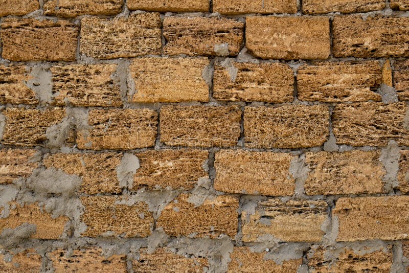 Brick Wall of Yellow Shell Rock. Closeup of Shellstone Texture ...