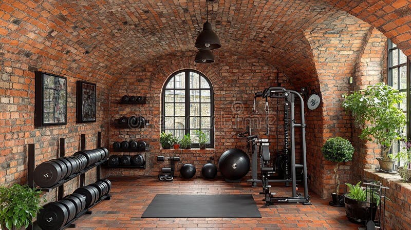 Brick-walled Home Gym with Equipment, Plants, Arched Window Stock Image ...