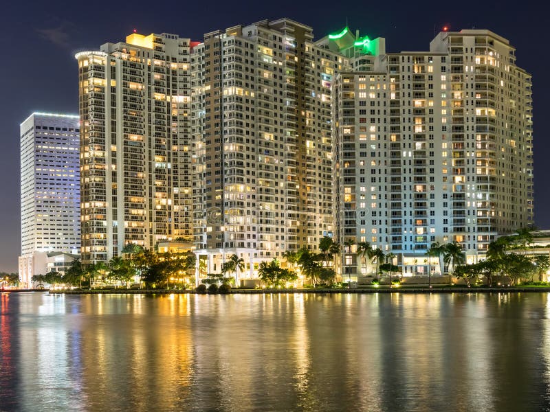 Downtown Miami Lights From Brickell Key At Night, Florida Stock Photo ...
