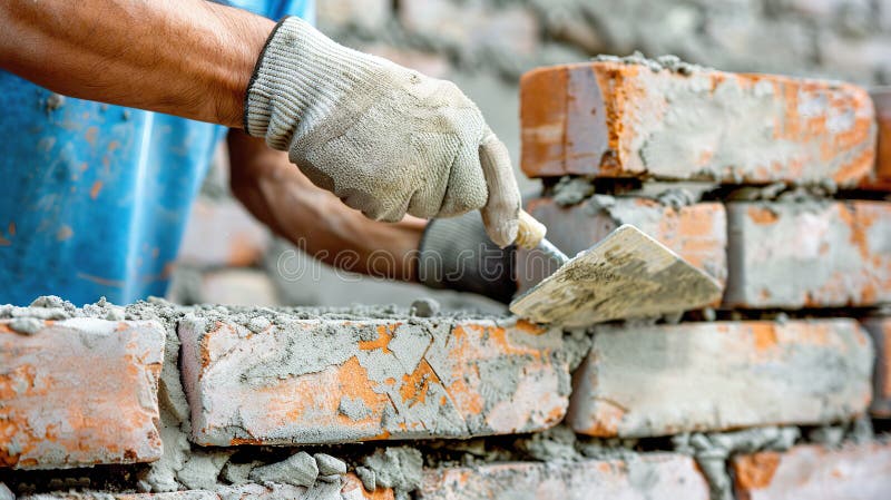 Bricklayer Applying Mortar To Bricks for Construction Project Stock ...
