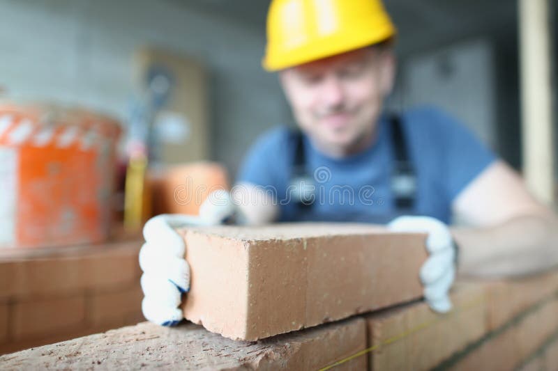 Bricklayer Builder Worker Laying Brick Wall of House Stock Image ...