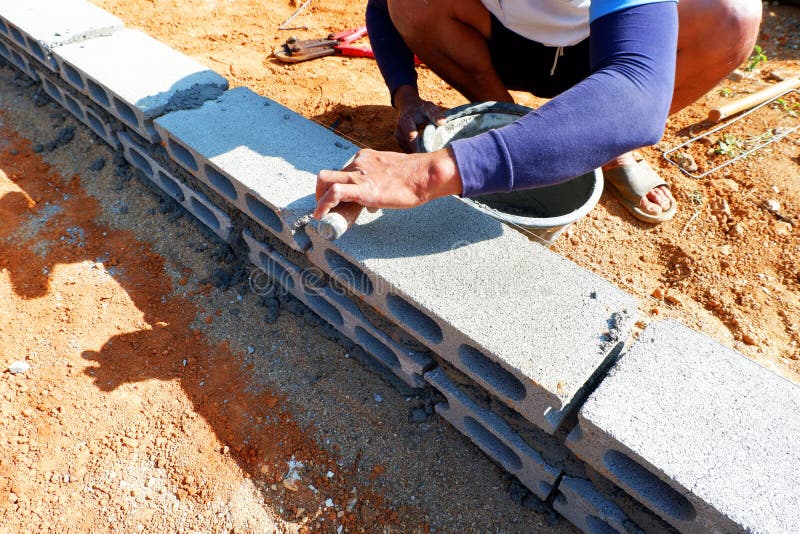 Bricklayer is Building the Beam of Home by Brick with Blocks Stock ...