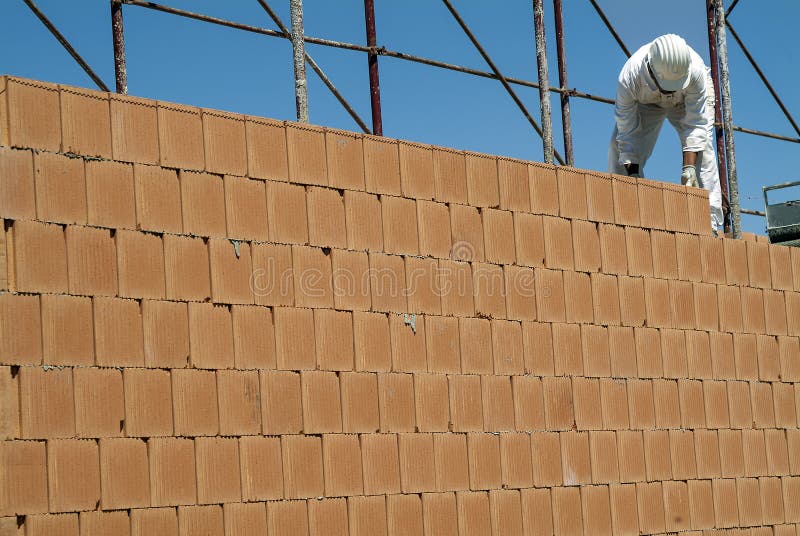 Bricklayer Building a Brick Wall Stock Image - Image of helmet ...