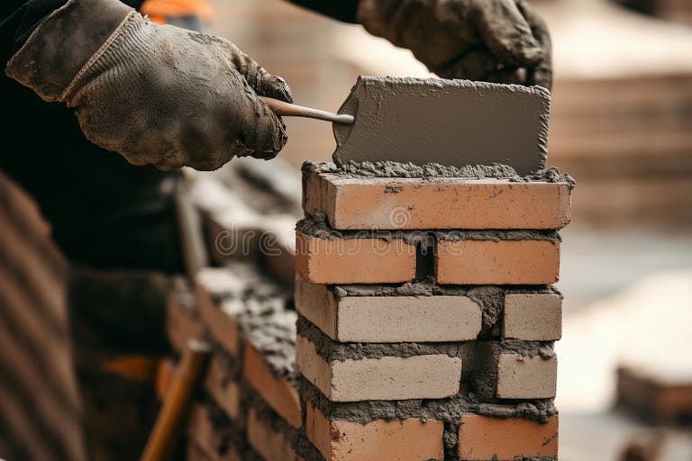 Bricklayer Building Wall Stacking Bricks Using Trowel on Construction ...