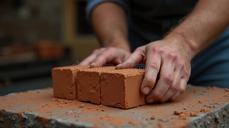 Bricklayer Carefully Positioning Bricks for Stove Construction Stock ...