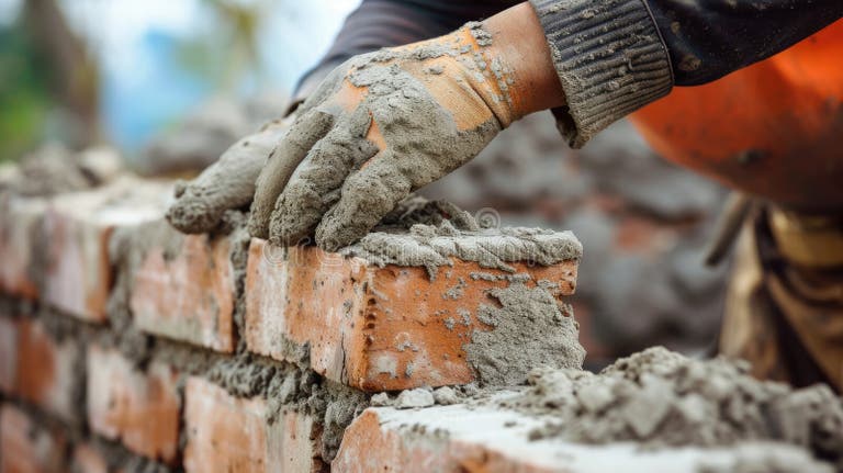 Bricklayer Constructing Mortar Wall with Wood, Brickwork, and Building Material. AIG41 Stock ...