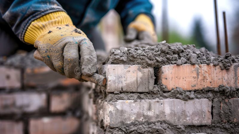 Bricklayer Constructing Mortar Wall with Wood, Brickwork, and Building ...