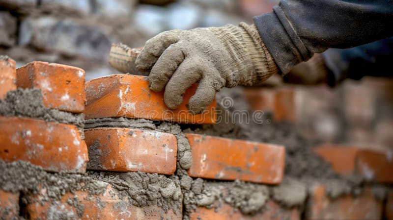 Bricklayer Constructing Mortar Wall with Wood, Brickwork, and Building ...