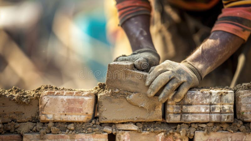 Bricklayer Constructing Mortar Wall with Wood, Brickwork, and Building ...