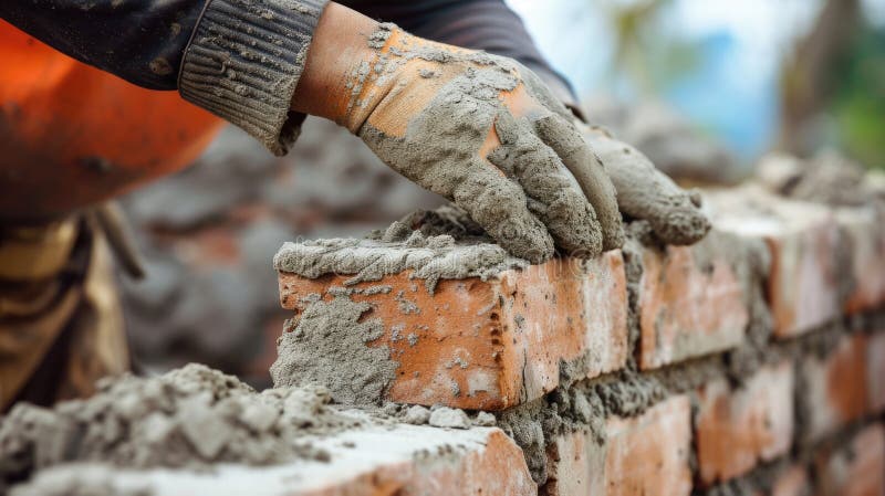 Bricklayer Constructing Mortar Wall with Wood, Brickwork, and Building ...