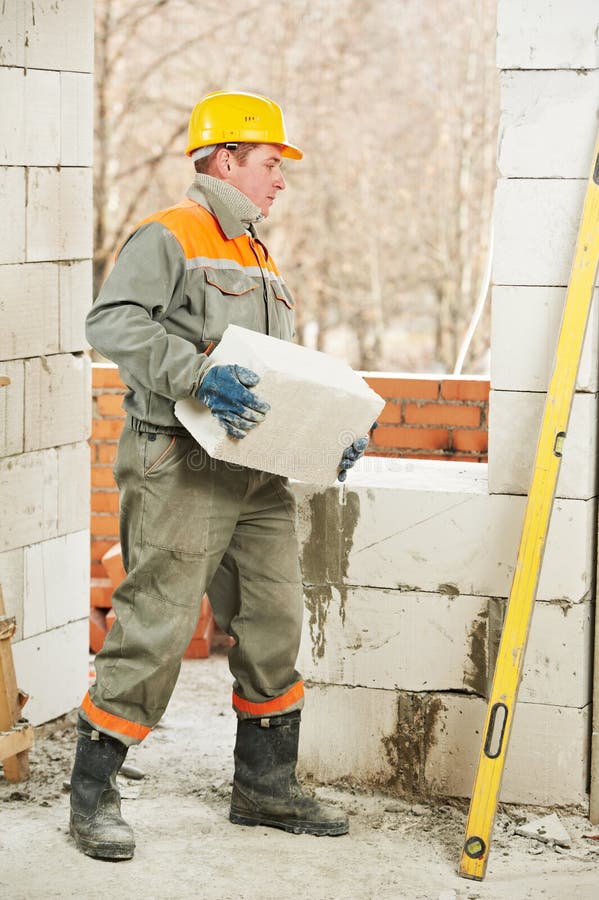 Bricklayer at Construction Masonry Works Stock Photo - Image of lime ...