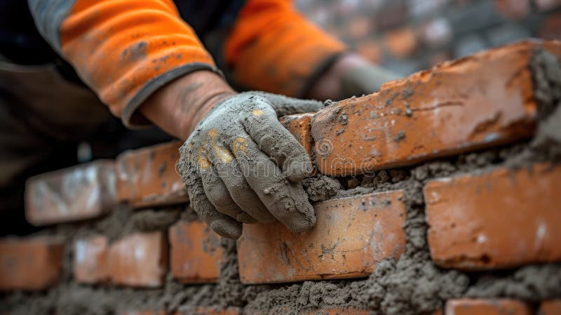 Bricklayer Constructing Mortar Wall with Wood, Brickwork, and Building ...