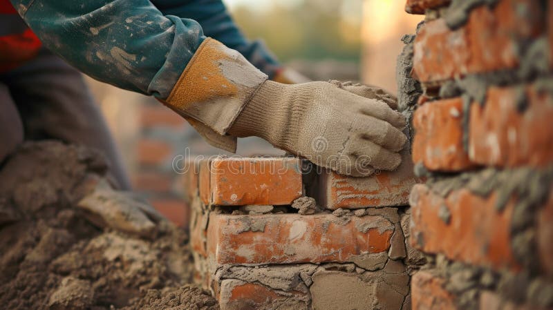 Bricklayer Constructing Mortar Wall with Wood, Brickwork, and Building ...