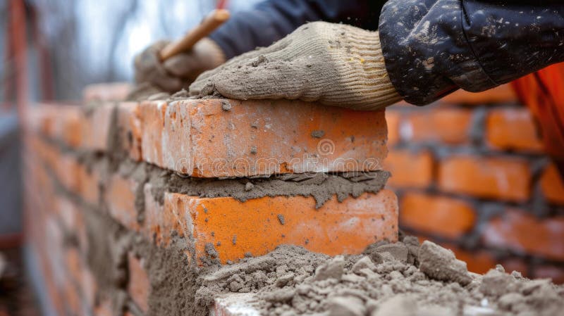 Bricklayer Constructing Mortar Wall with Wood, Brickwork, and Building ...
