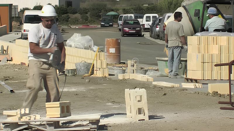 Bricklayer Cutting Brick with a Grinder in the Construction of a ...