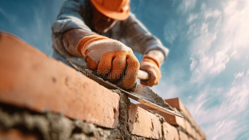 Bricklayer Skillfully Applying Mortar with Trowel Under a Blurred Sky ...