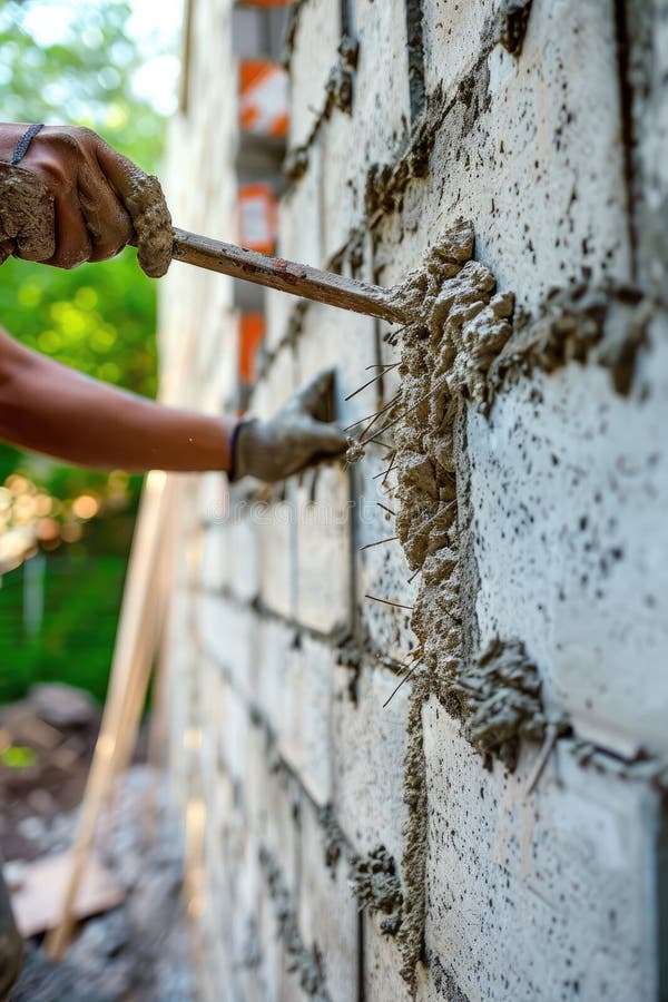 Bricklayer Industrial Worker Installing Brick Masonry Stock Photo ...