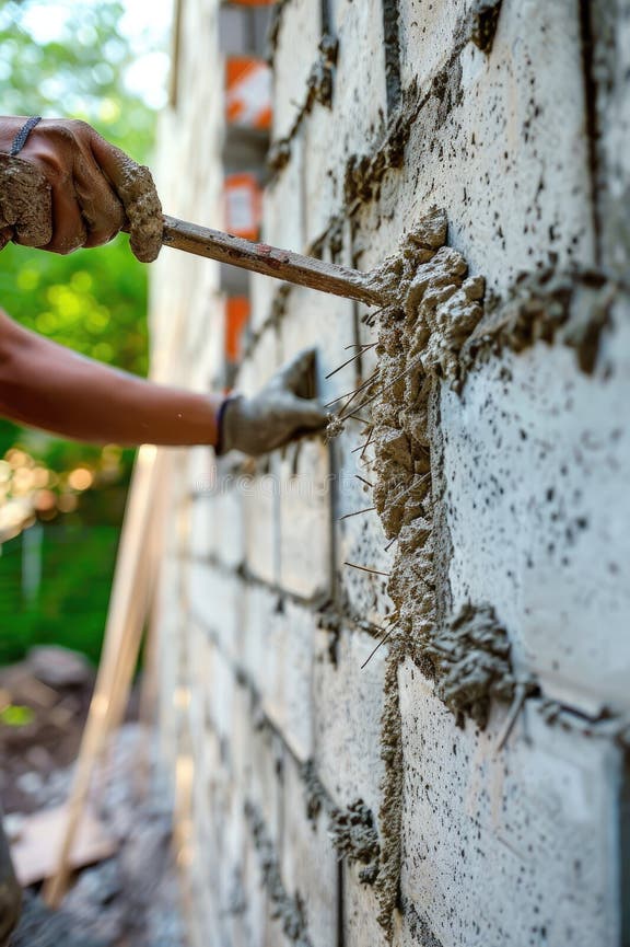 Bricklayer Industrial Worker Installing Brick Masonry Stock Photo ...