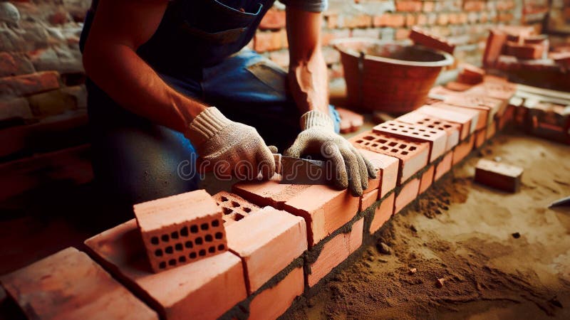 Bricklayer Installing Bricks on a Wall. Generated AI Stock Illustration ...