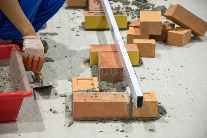 Bricklayer Installing Bricks, Bricklayer Worker Installing Brick Stock ...