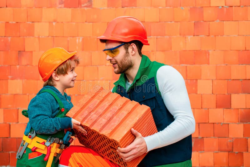 Bricklayer Make Masonry, Builder Work with Brick Layer. Brothers at ...