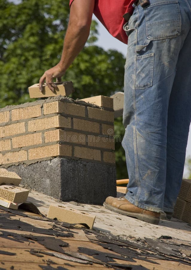 Bricklayer Mason Laying Chimney Bricks on House Stock Image - Image of ...